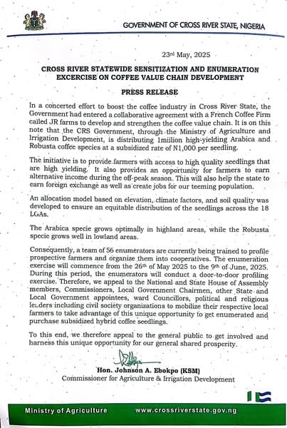 Cross River Statewide Sensitization And Enumeration Exercise On Coffee Value Chain Development